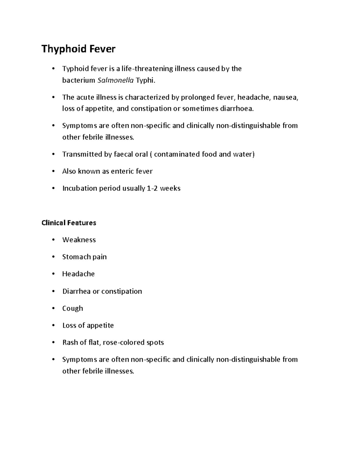 Thyphoid Fever - Summary Clinical Medicine - Thyphoid Fever Typhoid ...