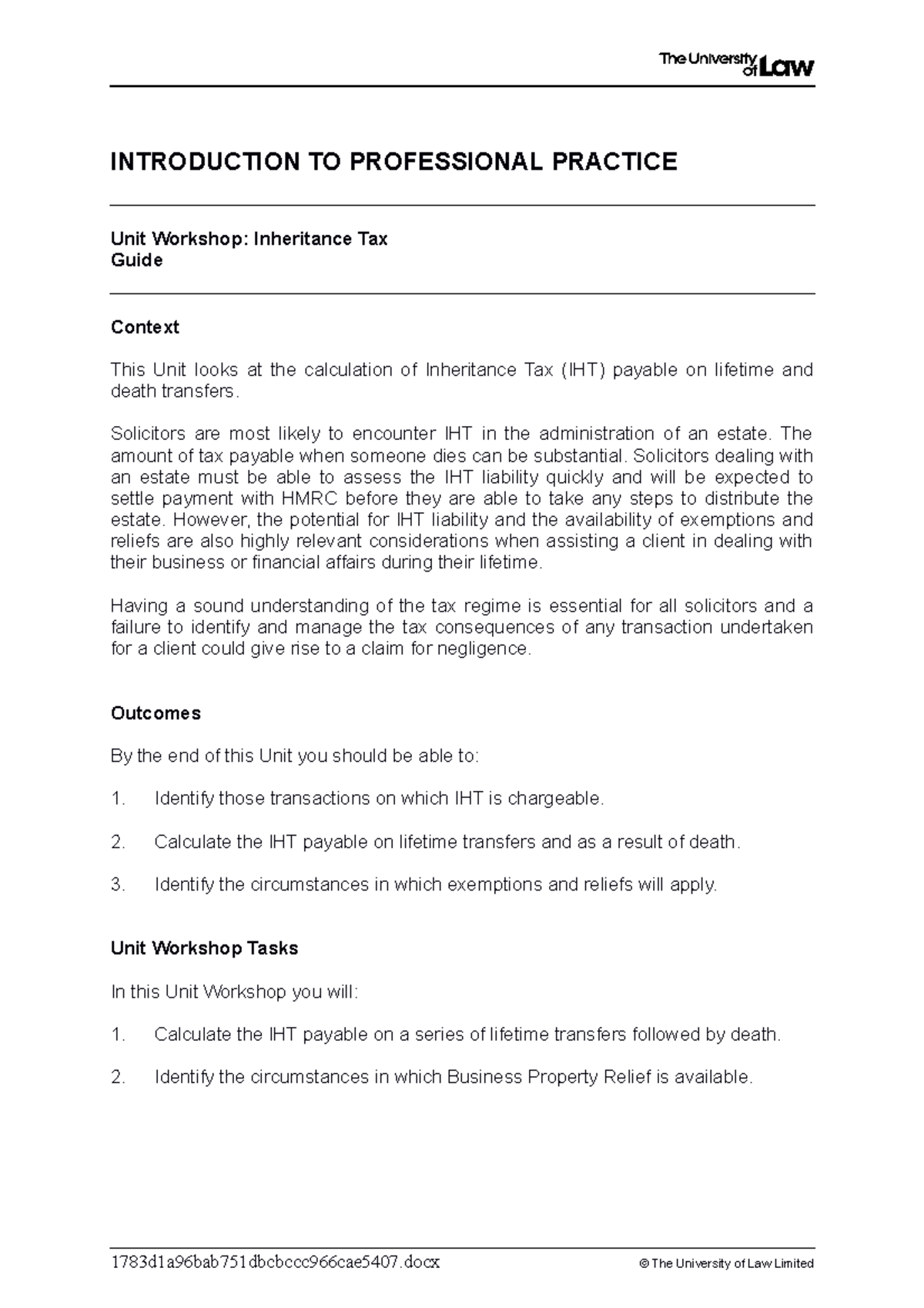 IHT Workshop - IHT NOTES - INTRODUCTION TO PROFESSIONAL PRACTICE Unit ...
