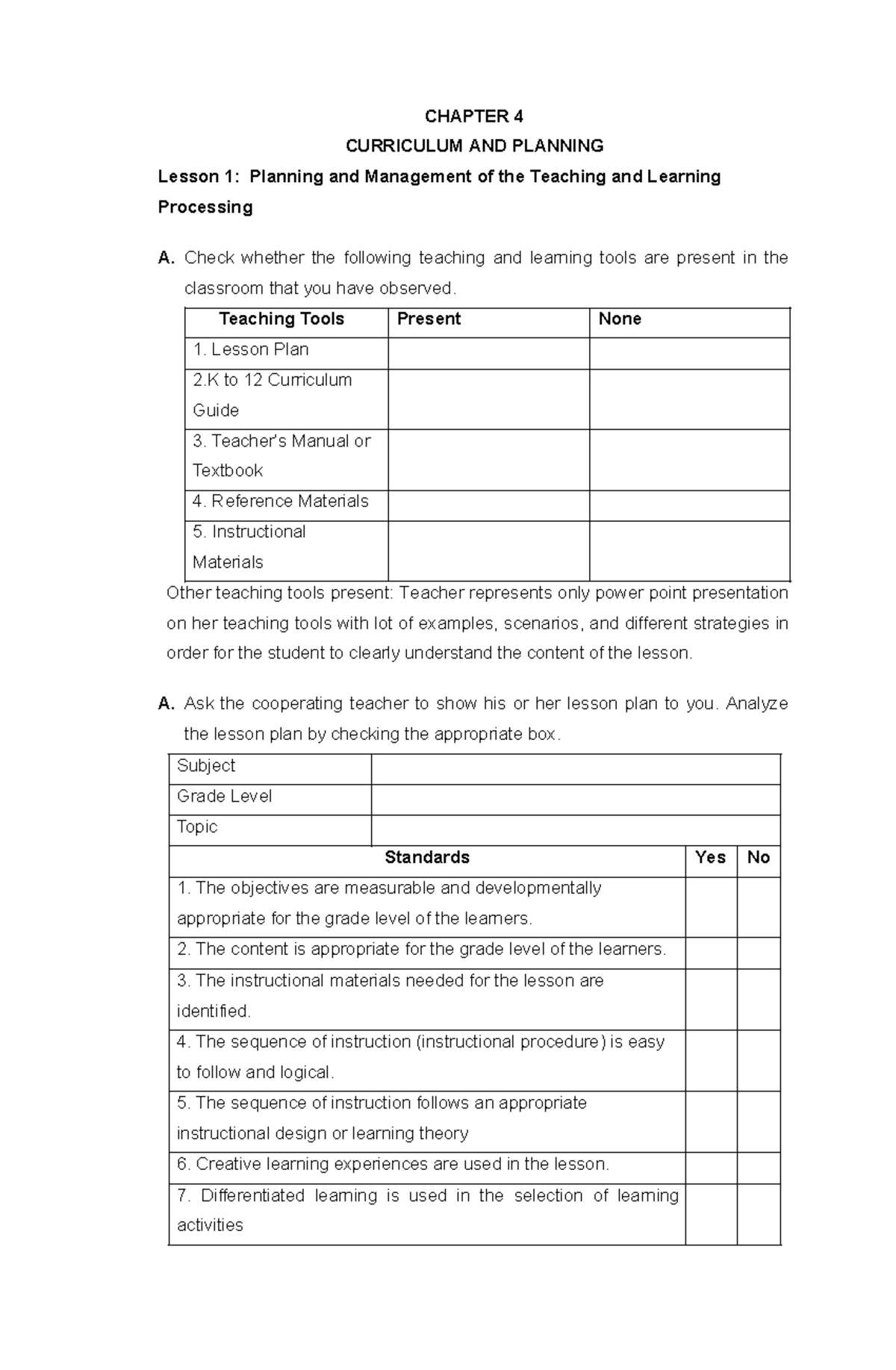 Chapter 4 no answer - CHAPTER 4 CURRICULUM AND PLANNING Lesson 1 ...