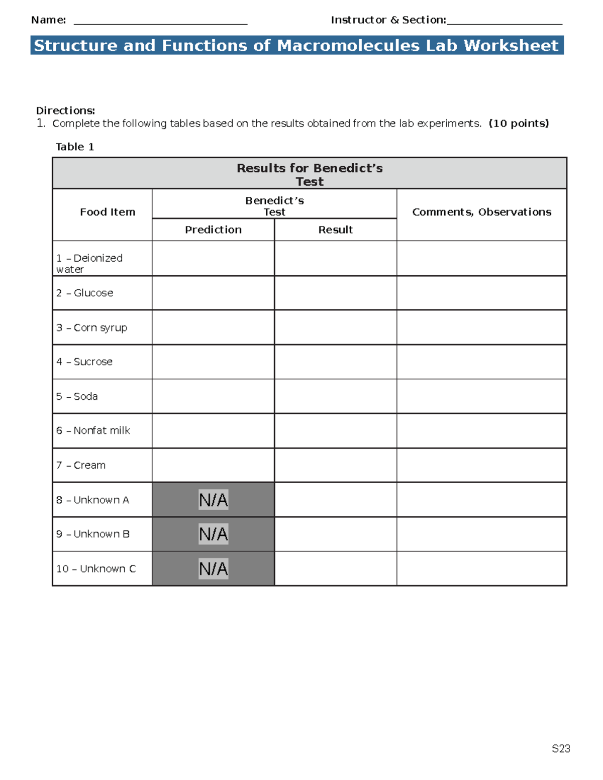 S23 Macromolecules worksheet - Directions: 1. Complete the following tables based on the results ...