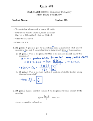 Quiz 02 sol - quiz 2 question and solution - Quiz STAT/MATH 318 : Elementary Probability Penn ...