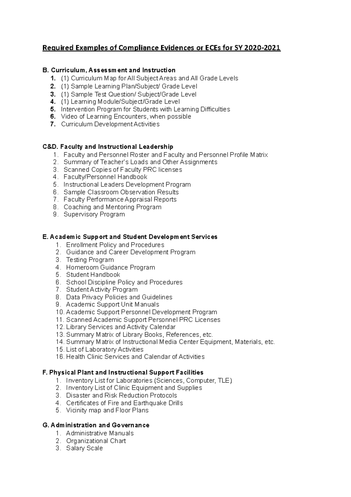 Required Examples of Compliance Evidences or ECEs for SY 20 21 1 ...