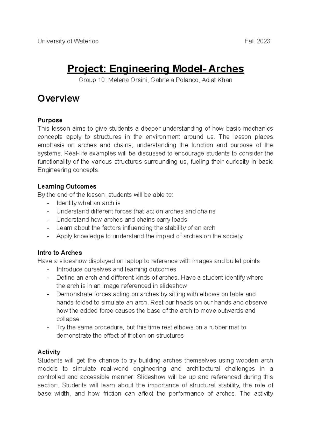Engineering Model Lesson Plan - University of Waterloo Fall 2023 ...