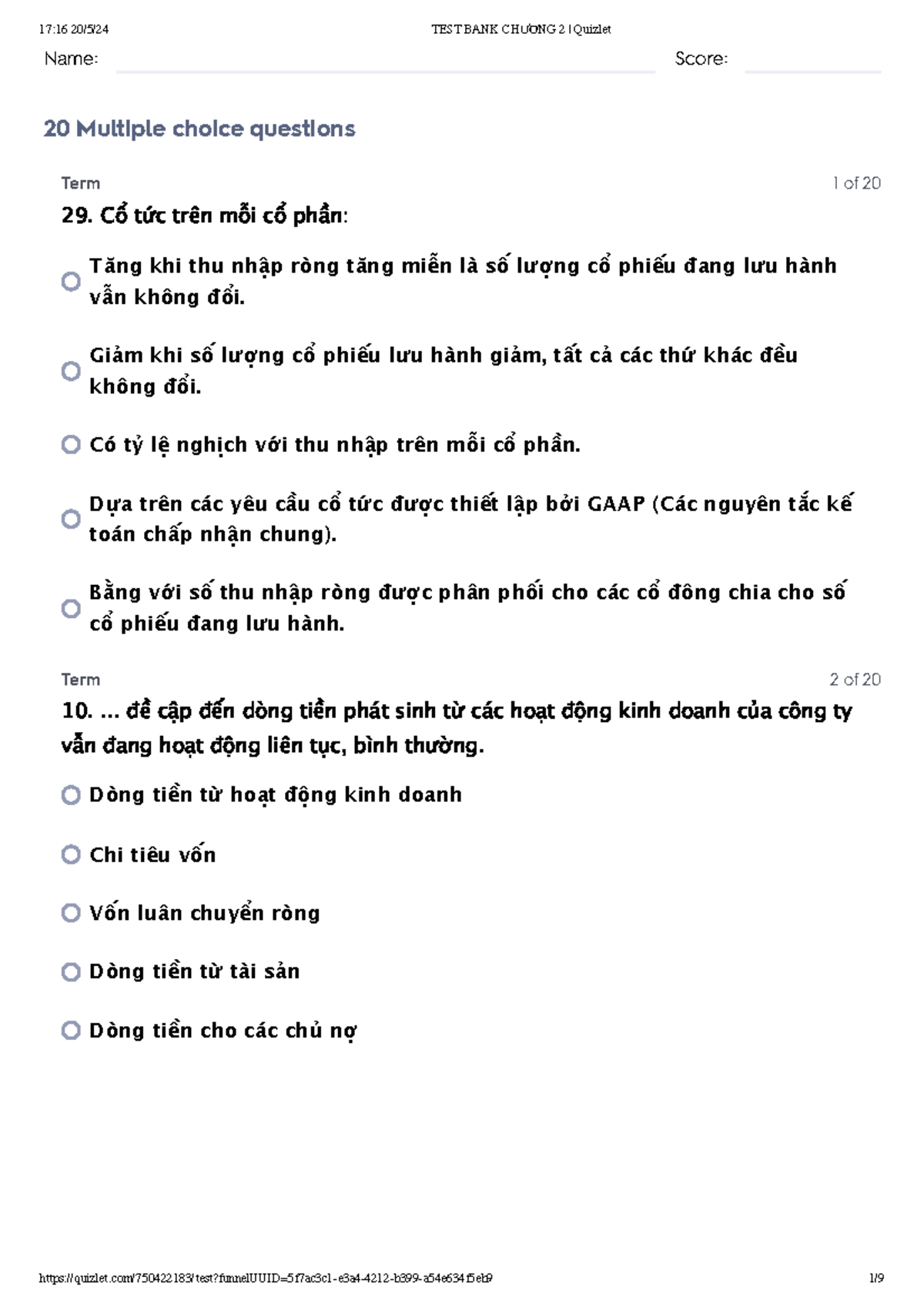 TEST BANK CHƯƠNG 2 Quizlet - Name: Score: 20 Multiple choice questions ...