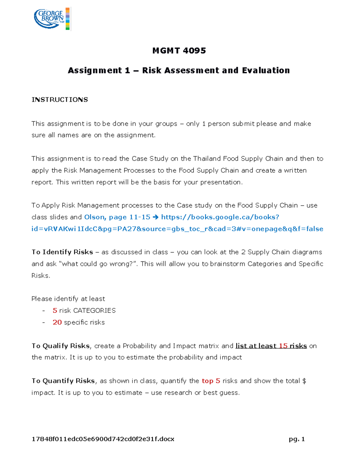 Week 2d - Assignment 1 - Instructions - Risk Assessment and Evaluation ...
