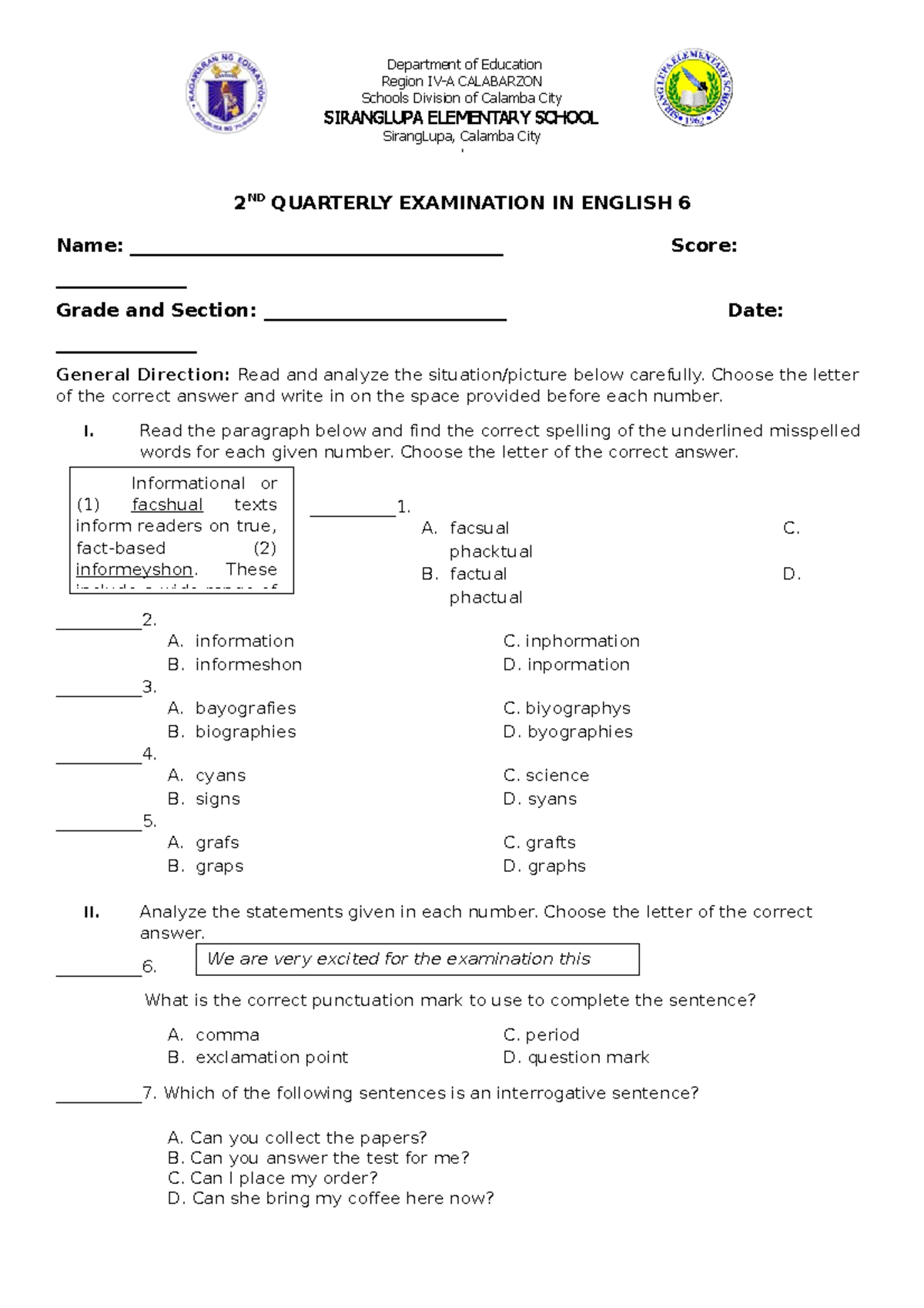 2nd Quarter Exam - Region IV-A CALABARZON Schools Division of Calamba ...