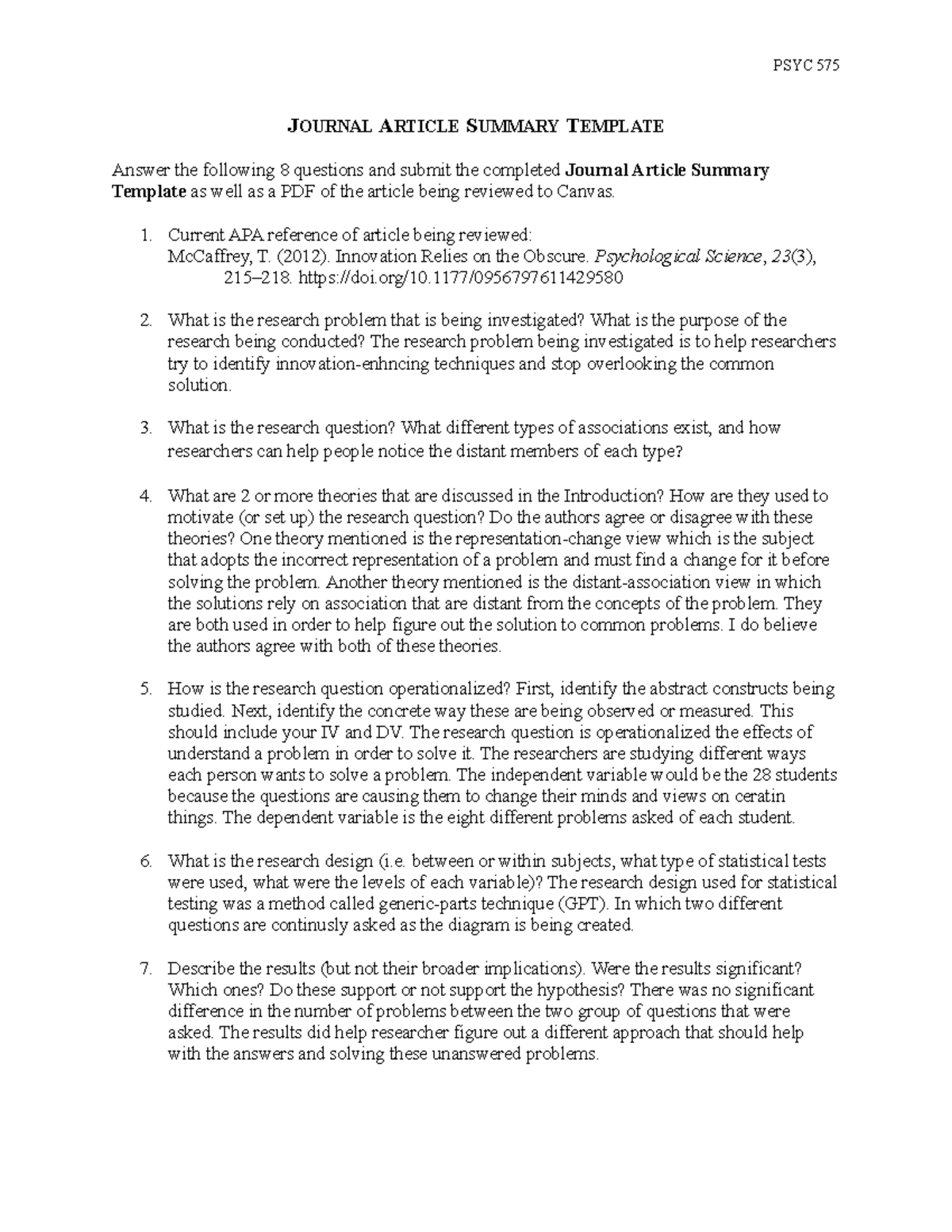 AD Journal article 5 - PSYC 575 JOURNAL ARTICLE SUMMARY TEMPLATE Answer ...
