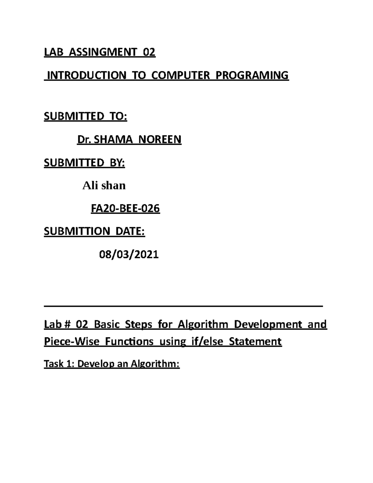 Icp Lab 2 005 Lab Assingment 02 Introduction To Computer Programing