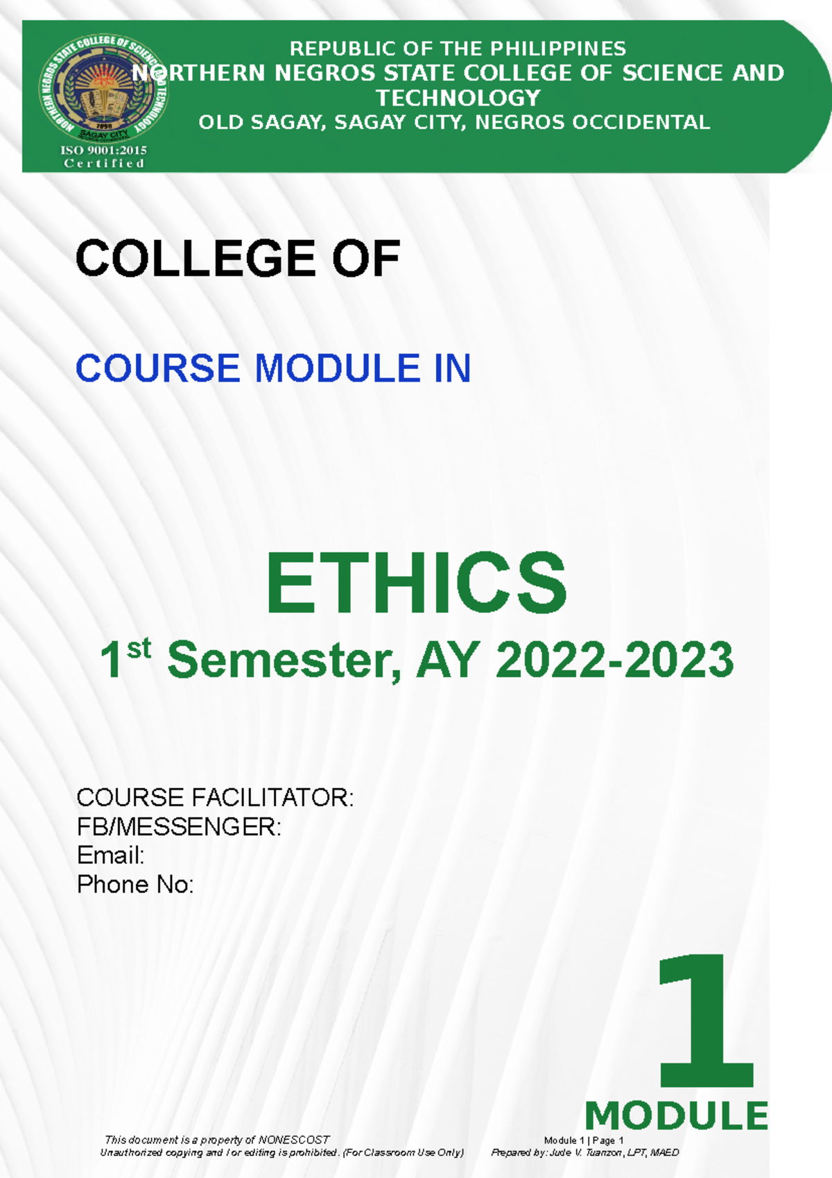 Ethics module 1 For faculty - This document is a property of NONESCOST ...
