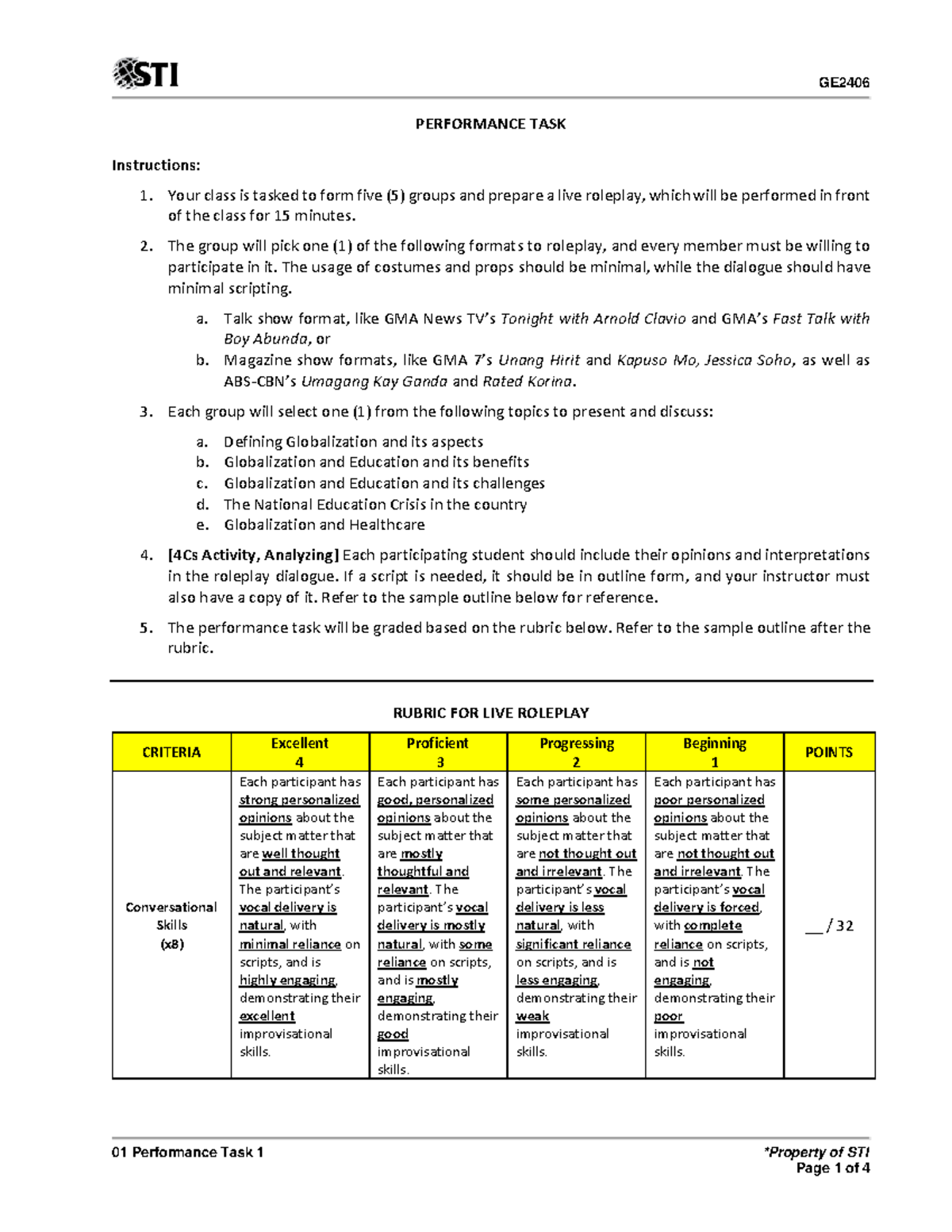 01 Performance Task 1 - 01 Performance Task 1 *Property of STI PERFORMANCE TASK Instructions: 1 ...