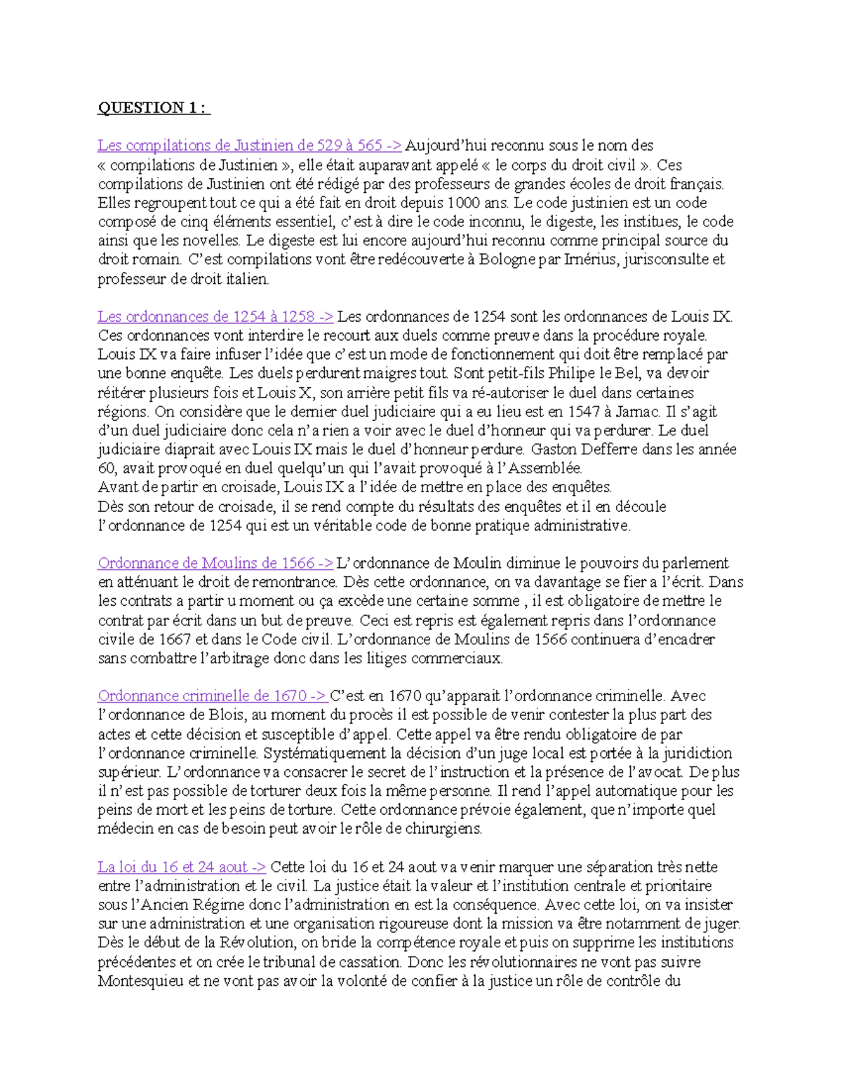 Question 1 - note de cours - QUESTION 1 : Les compilations de Justinien de 529 à 565 -> - Studocu