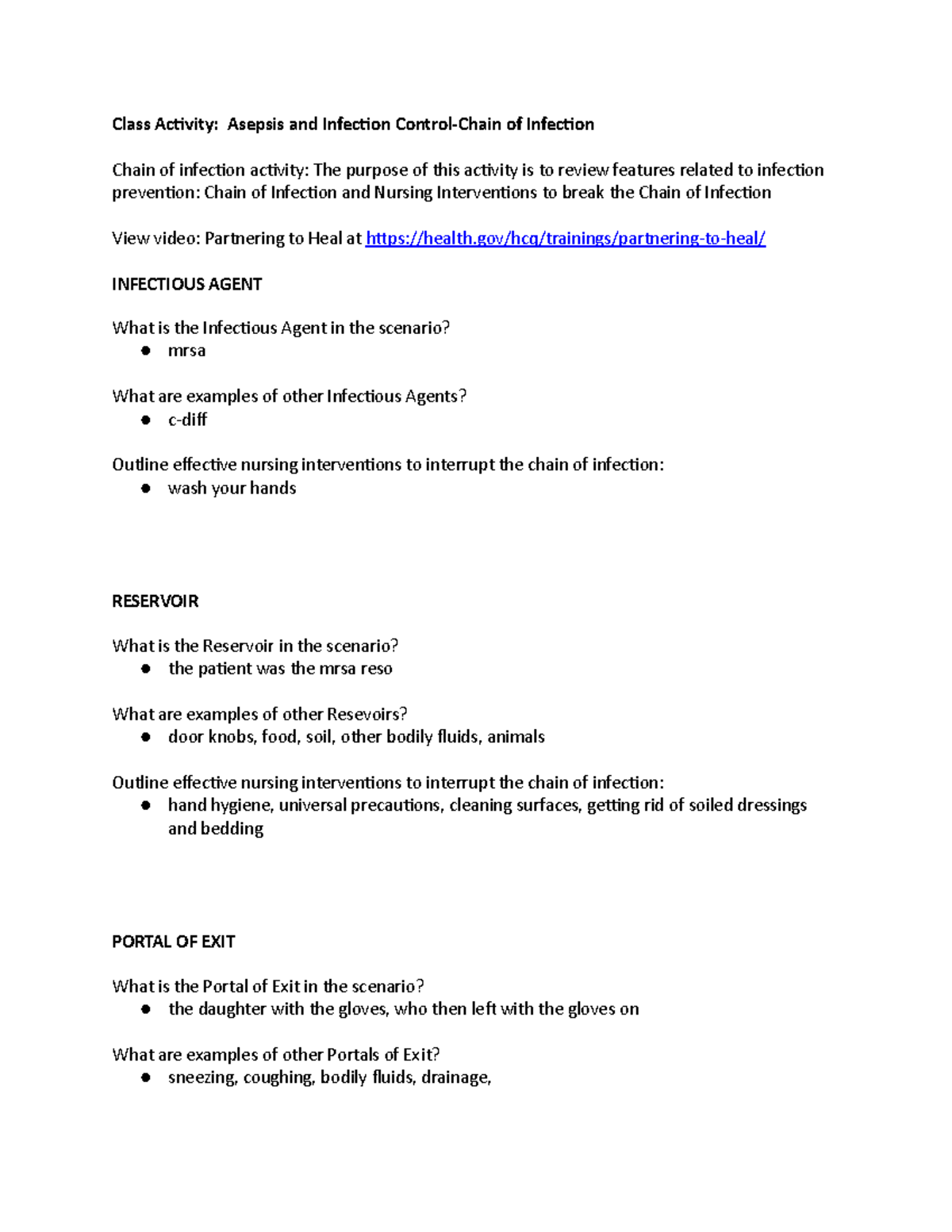 Class Activity Infection Control Chain of Infection Student Worksheet-1 ...