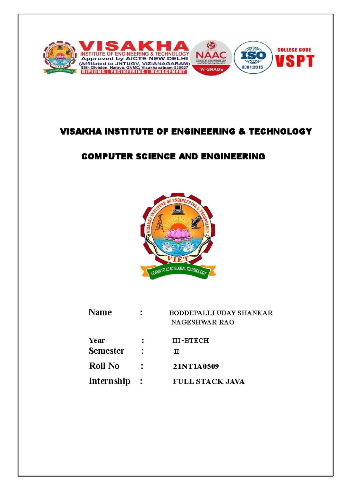 FULL Stack JAVA Internship Report ANR-1 - VISAKHA INSTITUTE OF ...