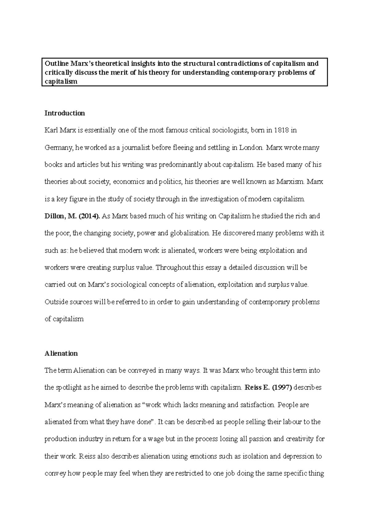 SO4073 Marx essay - Marx summary and theory of work - Outline Marx’s ...