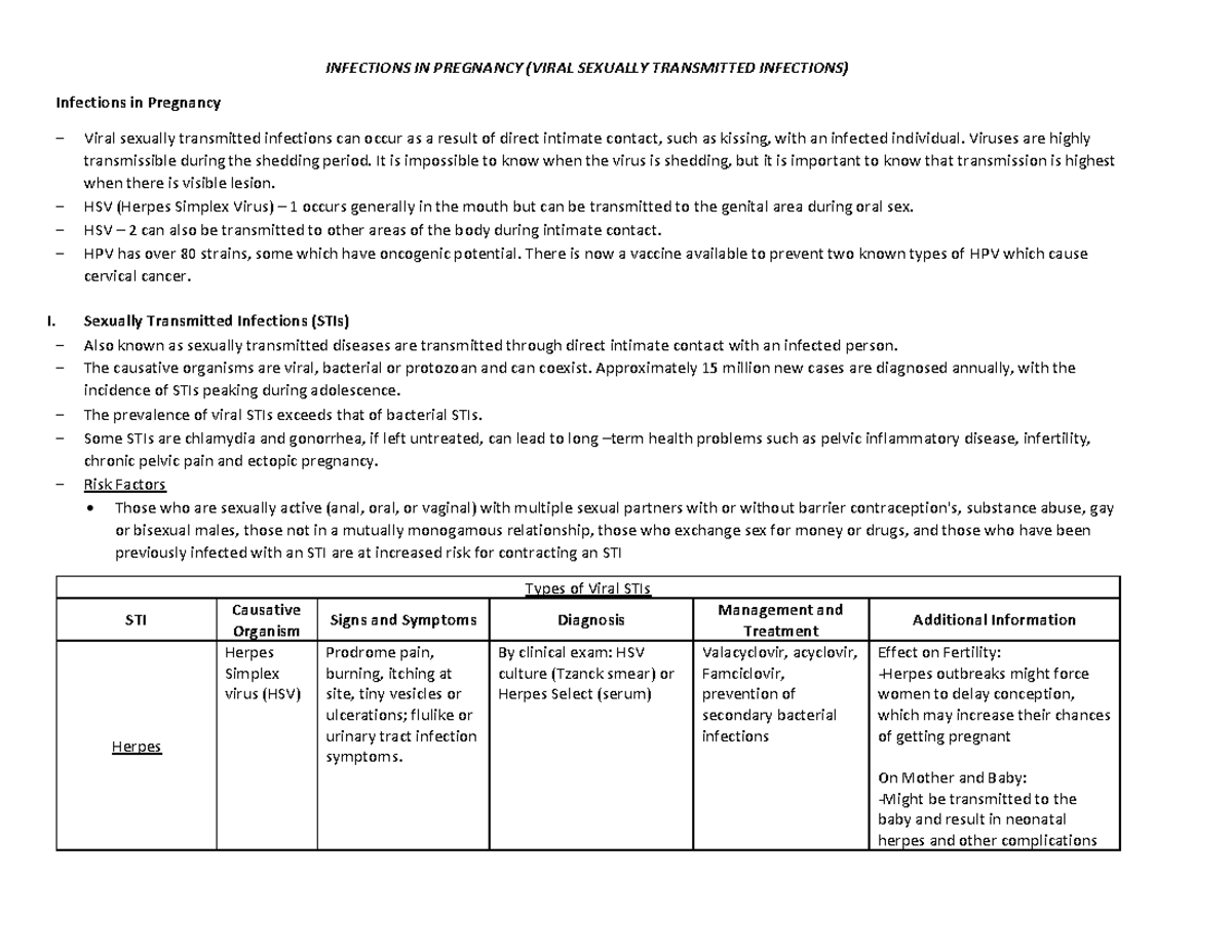 STI- Summary - INFECTIONS IN PREGNANCY (VIRAL SEXUALLY TRANSMITTED ...
