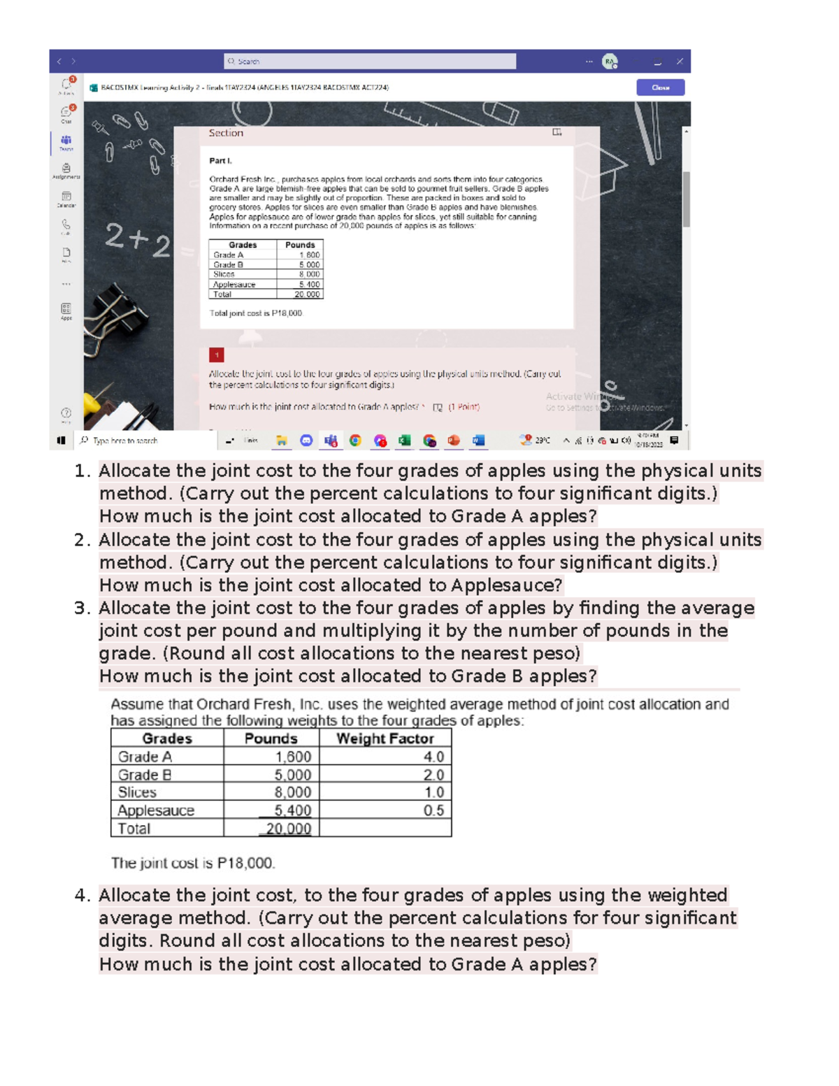 Activity 2 - Joint COST - study - Allocate the joint cost to the four ...