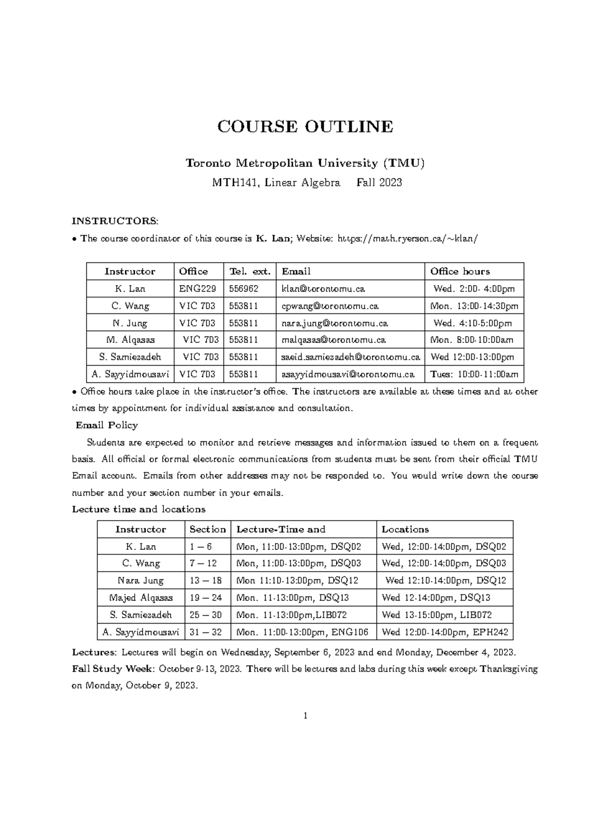 MTH141 courseoutline F2023 revised - COURSE OUTLINE Toronto Metropolitan University (TMU) MTH141 ...