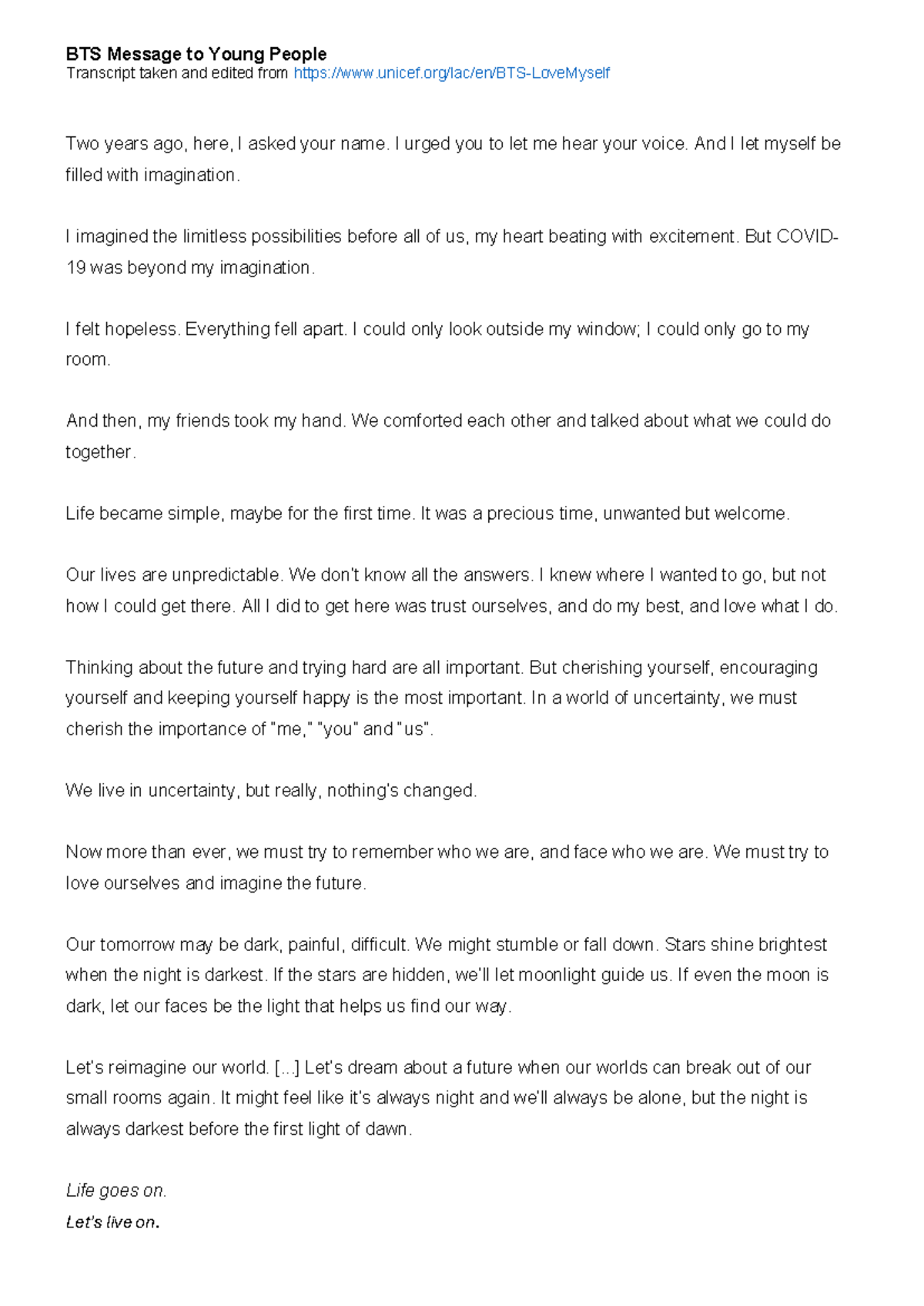 Speech 1 - BTS Message to Young People - BTS Message to Young People ...