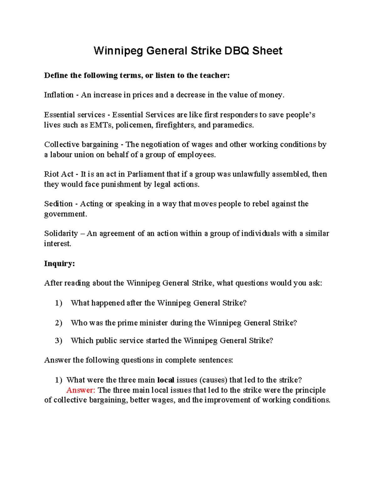 History Winnipeg General Strike DBQ Sheet - Winnipeg General Strike DBQ ...