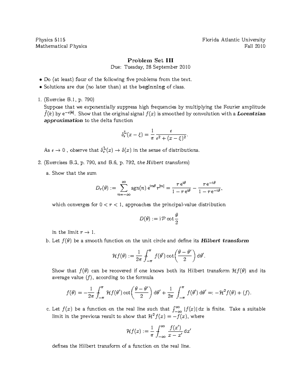 Homework Problem set 3 - Physics 5115 Mathematical Physics Florida ...
