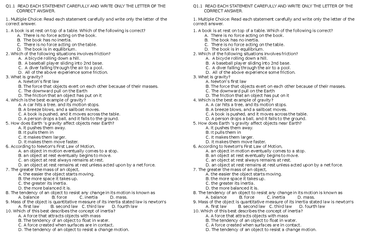 Q1.1 - Q1 READ EACH STATEMENT CAREFULLY AND WRITE ONLY THE LETTER OF THE CORRECT ANSWER ...