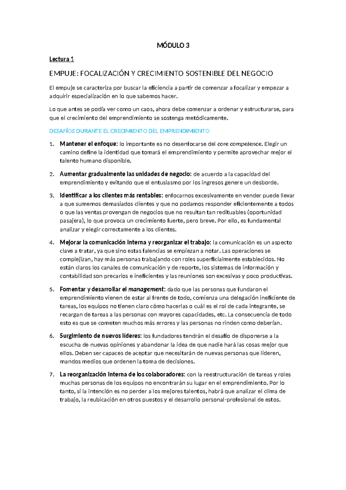 Modulo 3 y 4 desarrollo - MÓDULO 3 Lectura 1 EMPUJE: FOCALIZACIÓN Y CRECIMIENTO SOSTENIBLE DEL ...