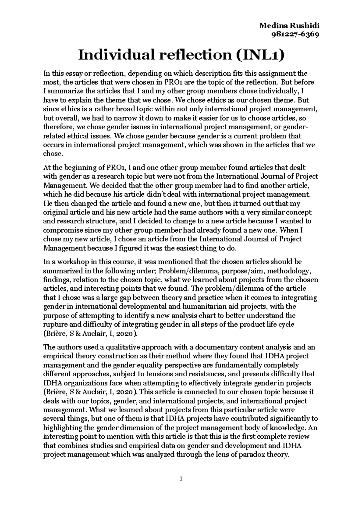 Individual reflection, INL1 - 981227- Individual reflection (INL1) In ...