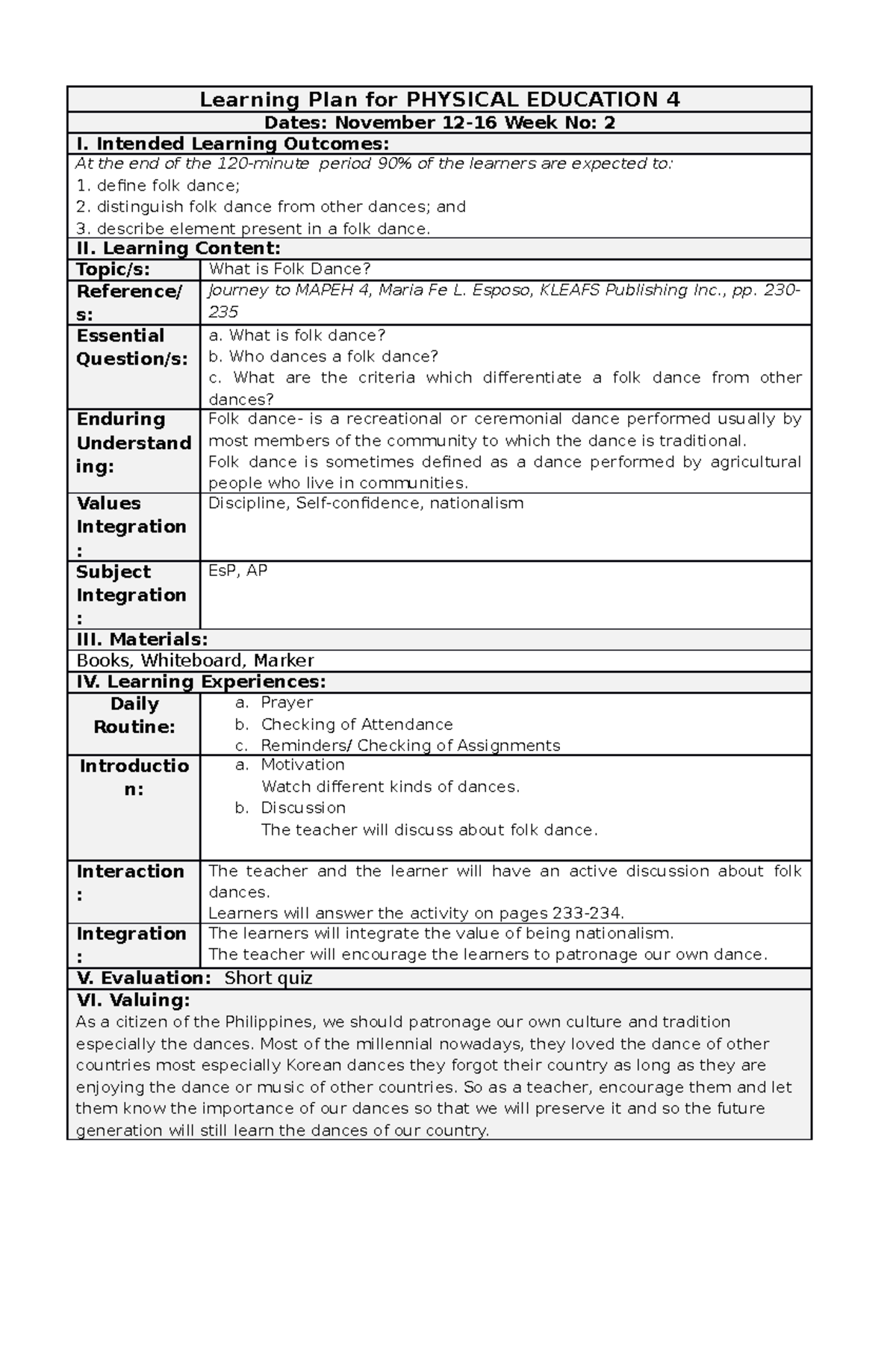 Mapeh 4-WEEK 2 - Lesson plan - Learning Plan for PHYSICAL EDUCATION 4 ...