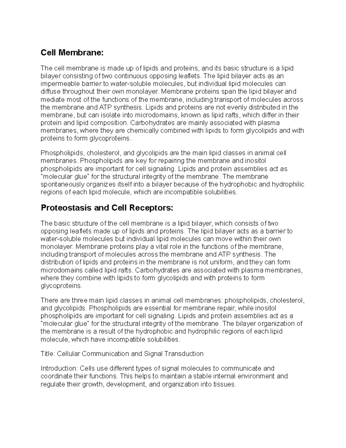 Cell Membrane - Notes - Cell Membrane: The cell membrane is made up of ...