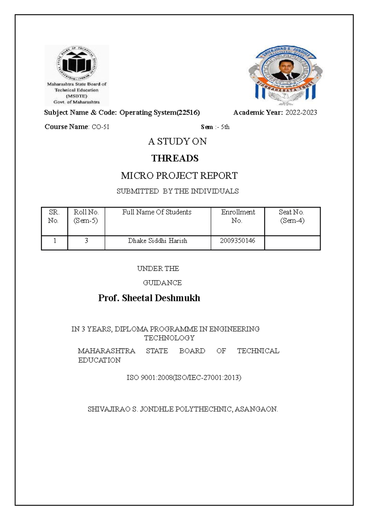OSY project - Subject Name & Code: Operating System(22516) Academic ...