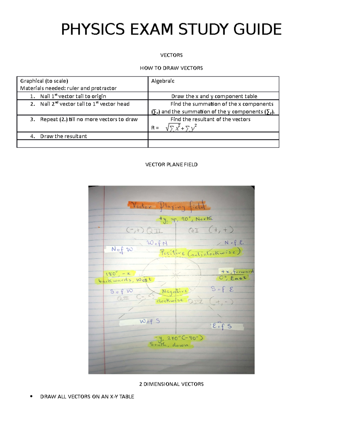 Physics EXAM Study Guide - PHYSICS EXAM STUDY GUIDE VECTORS HOW TO DRAW ...