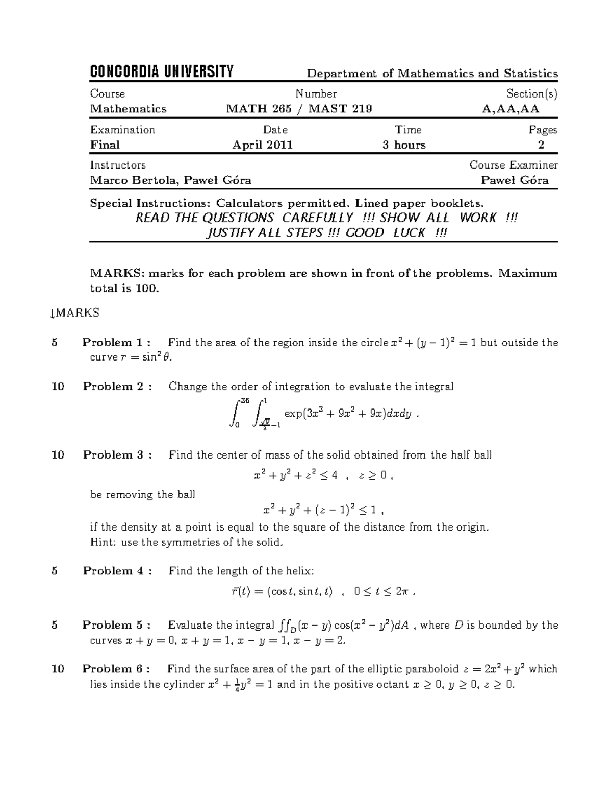 Final Winter 2011, math 265 with solutions - CONCORDIA UNIVERSITY ...