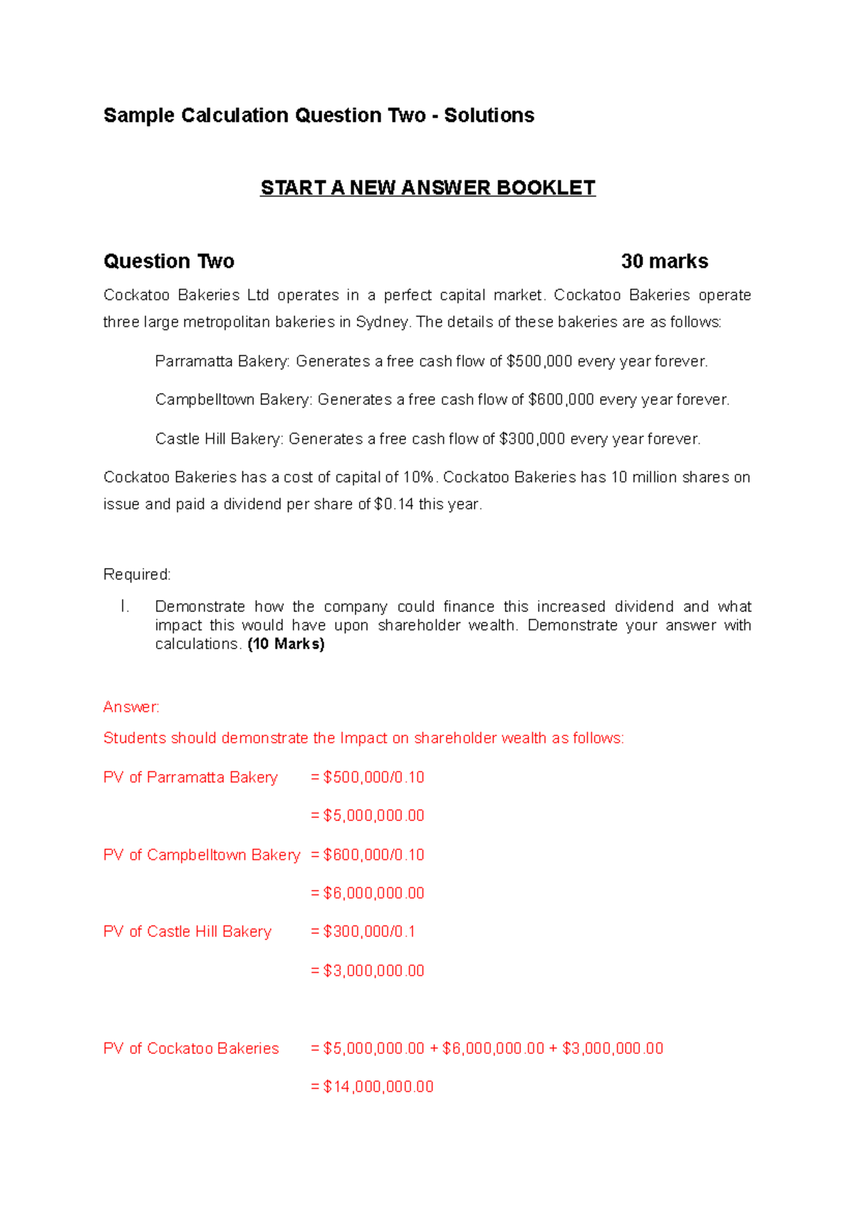 FINC 2012 Sample Calculation Question Two - Solutions - Sample ...