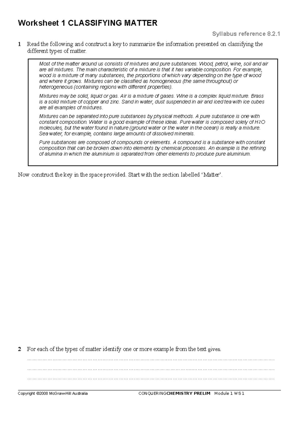 M1 W01 Classifying Matter - Worksheet 1 CLASSIFYING MATTER Syllabus ...