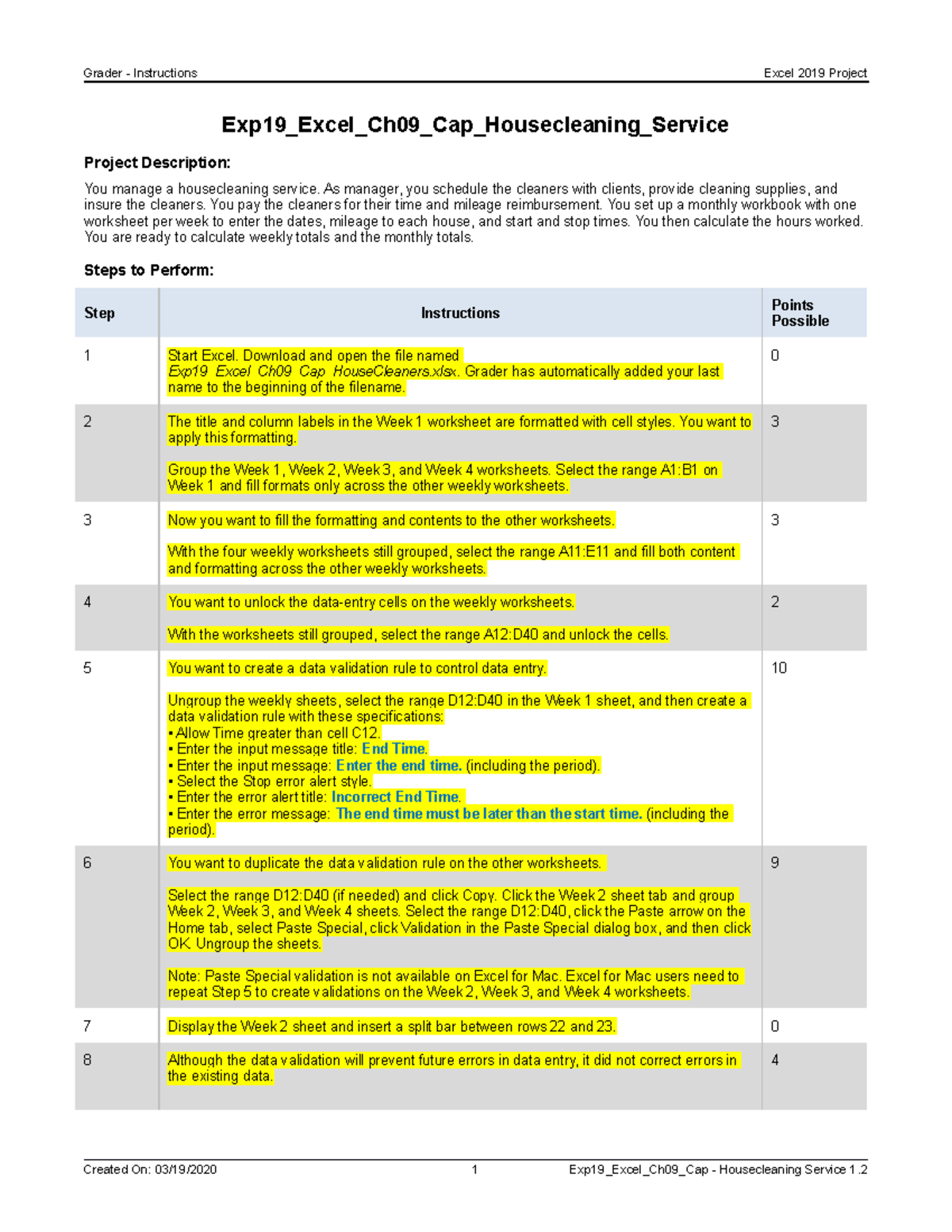 Chapter 9 Excel Project - CS 385 - Grader - Instructions Excel 2019 ...
