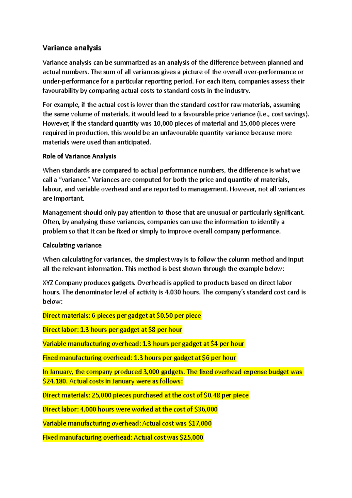 Variance anaylsis week 7 3030 - Variance analysis Variance analysis can ...