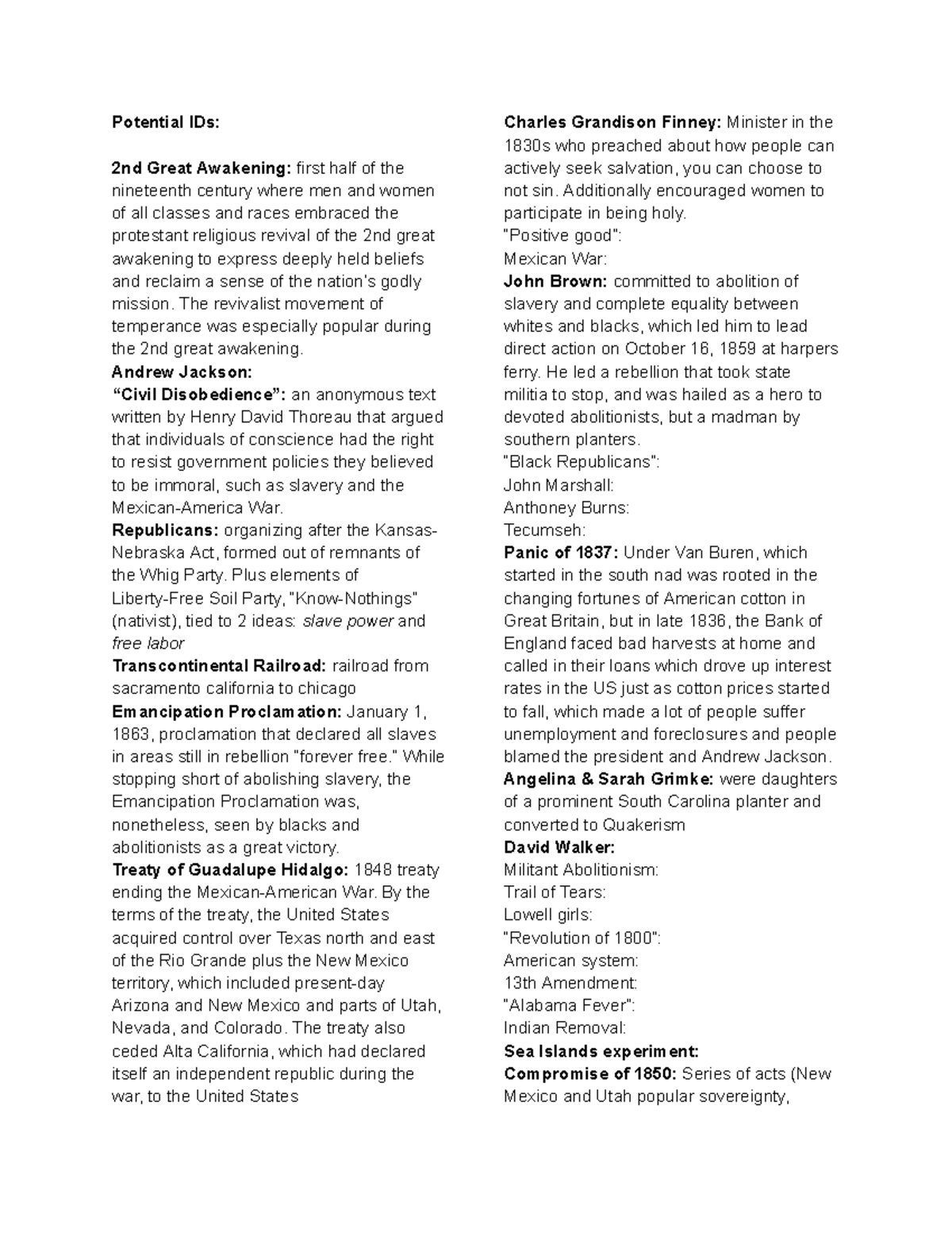 HIST 103 Final Study Guide - Potential IDs: 2nd Great Awakening: first ...