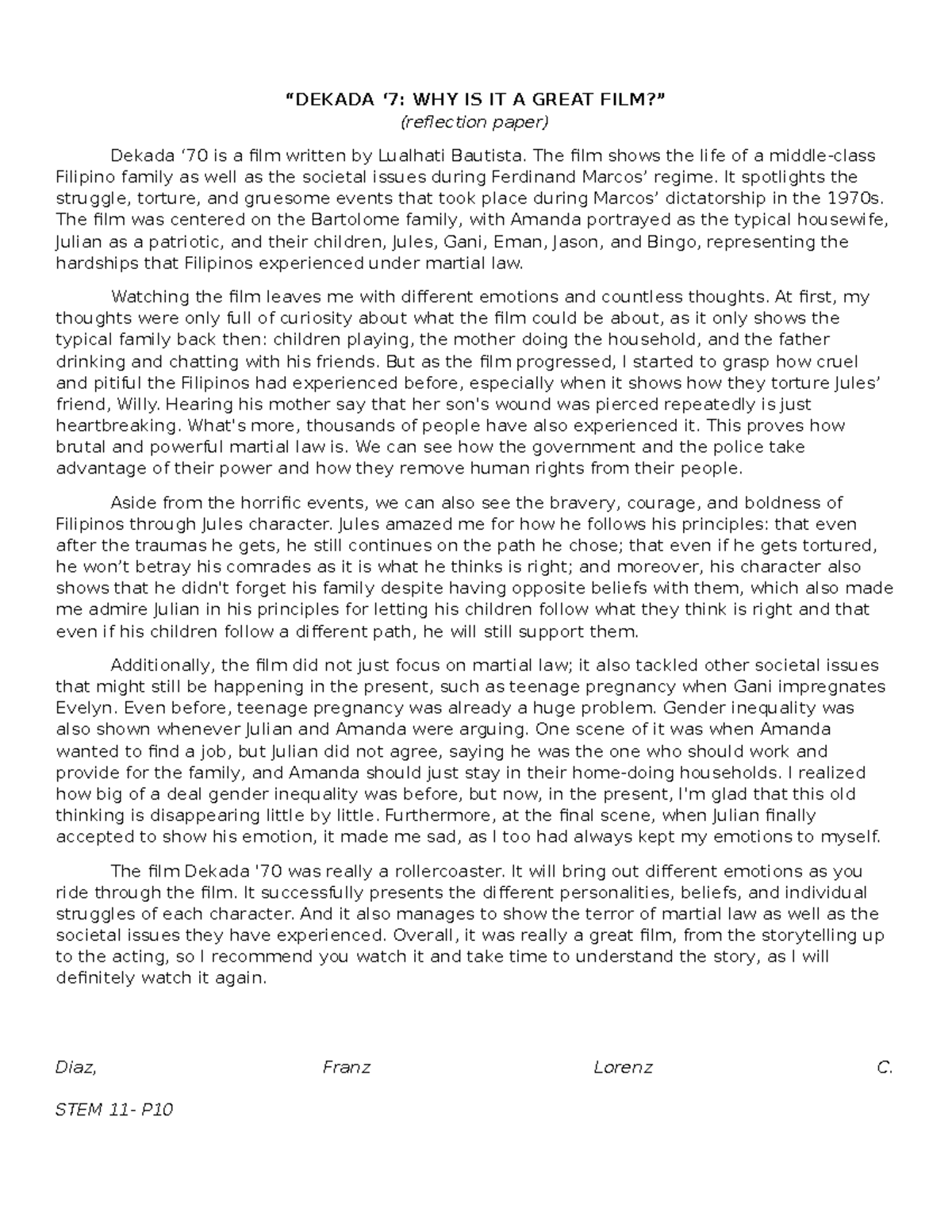 Reaction Paper Dekada '70 - “DEKADA ‘7: WHY IS IT A GREAT FILM ...