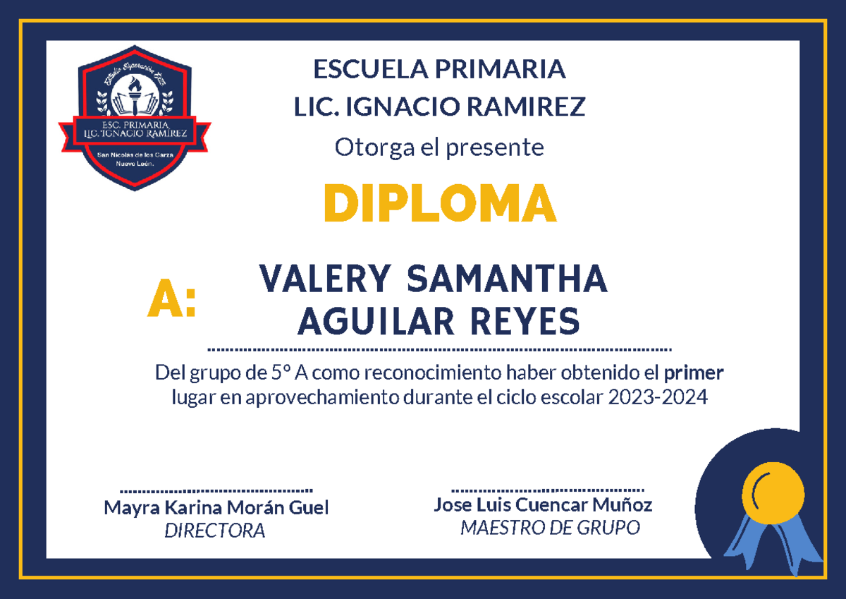 Certificado de Graduación Simple Azul y Blanco - DIPLOMA LIC. IGNACIO RAMIREZ Otorga el presente ...