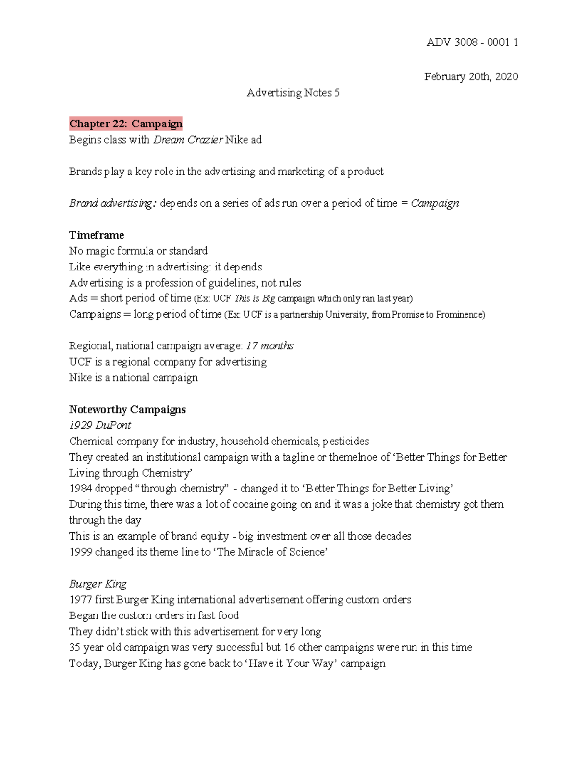 Advertising Notes 5 - Class 5 - ADV 3008 - 0001 1 February 20th, 2020 ...