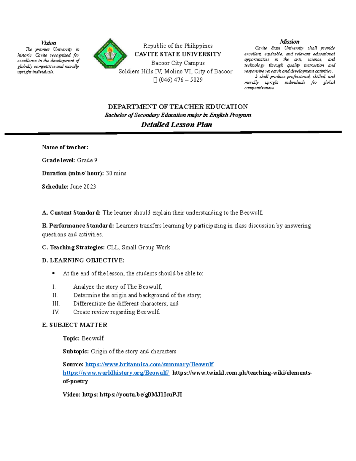 Detailed lesson plan Grade 9 - Republic of the Philippines CAVITE STATE ...