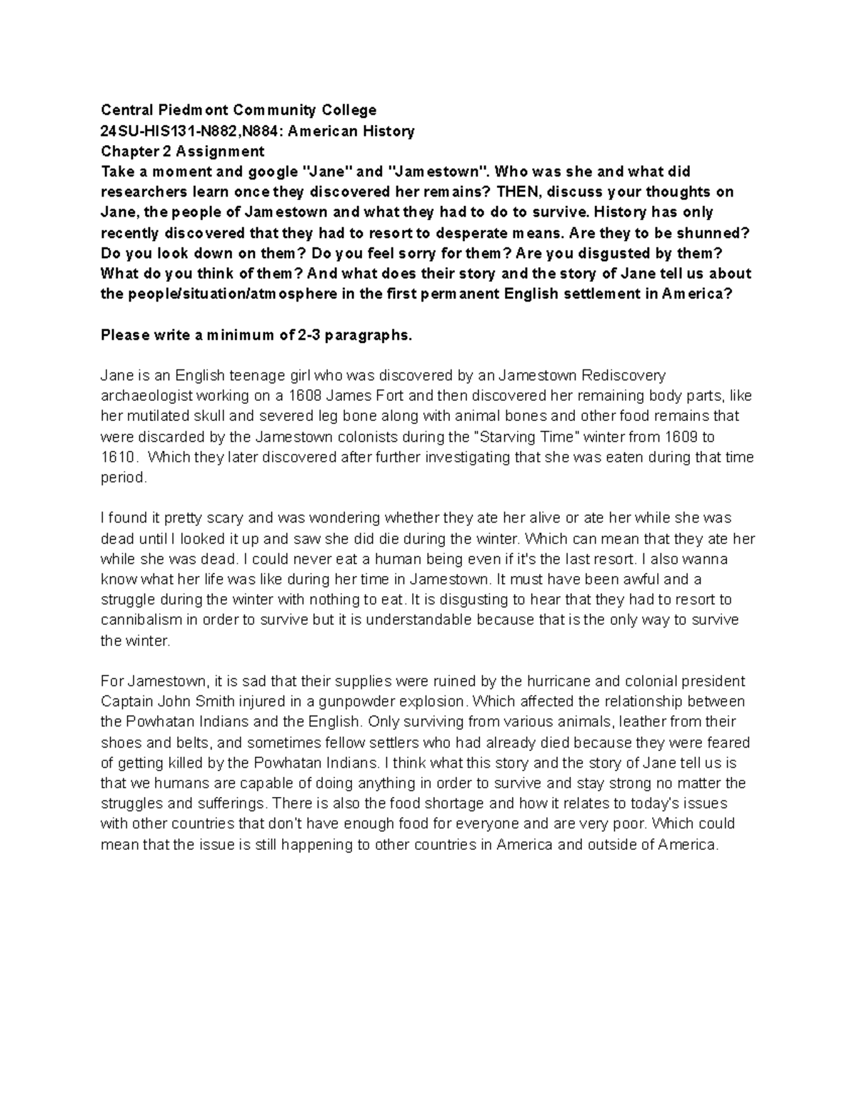 Jamestown and Jane Chapter 2 assignment. Central Piedmont Community ...