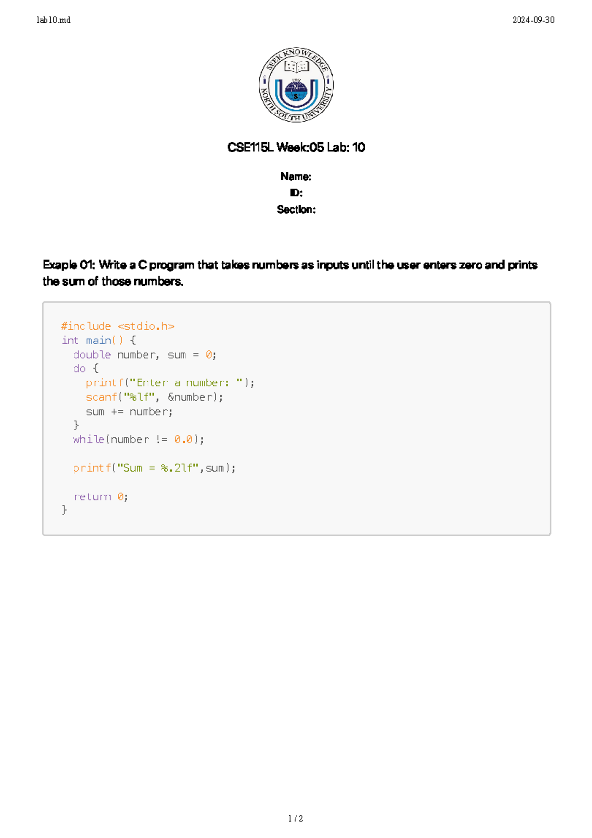 Lab10 - sg thuhn yujyn l,m fdfb sfdfb - C Programming - lab10 2024-09- 1 / 2 CSE 115 L Week:05 ...