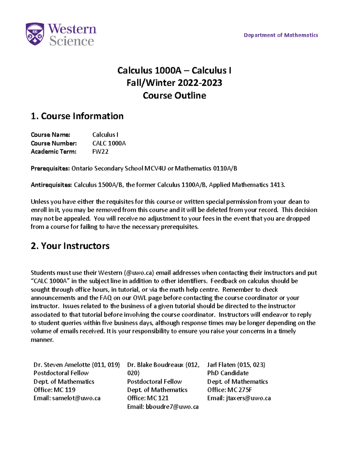 CA1000A outline - Department of Mathematics Calculus 1000A – Calculus I ...
