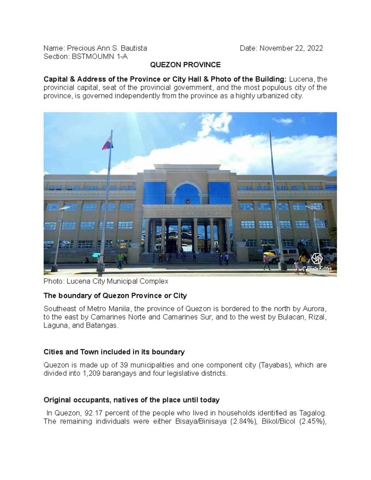 1ABautista PSm Quezon - Province research - Name: Precious Ann S ...