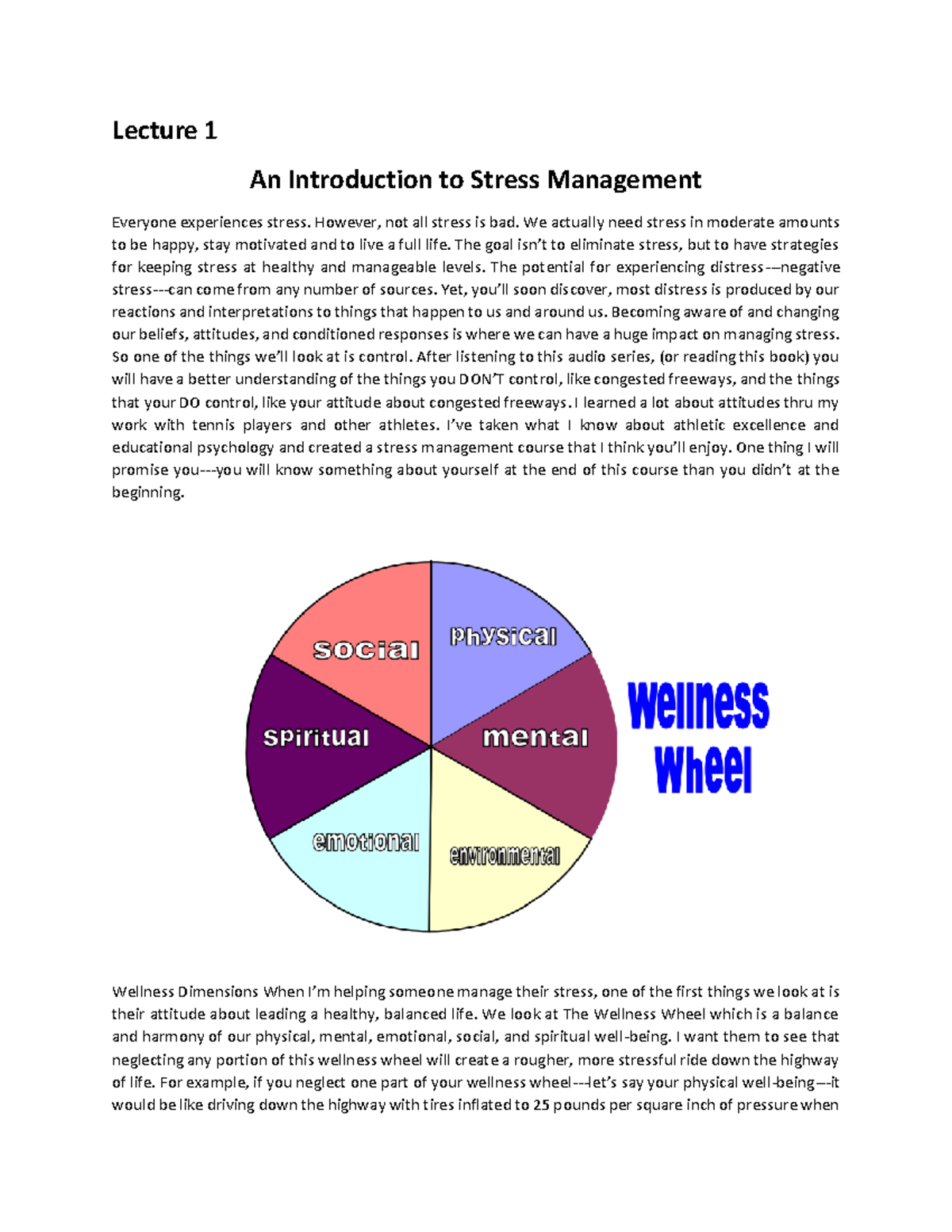 Lecture 1 AN Introduction TO Stress Managemenent - Lecture 1 An ...