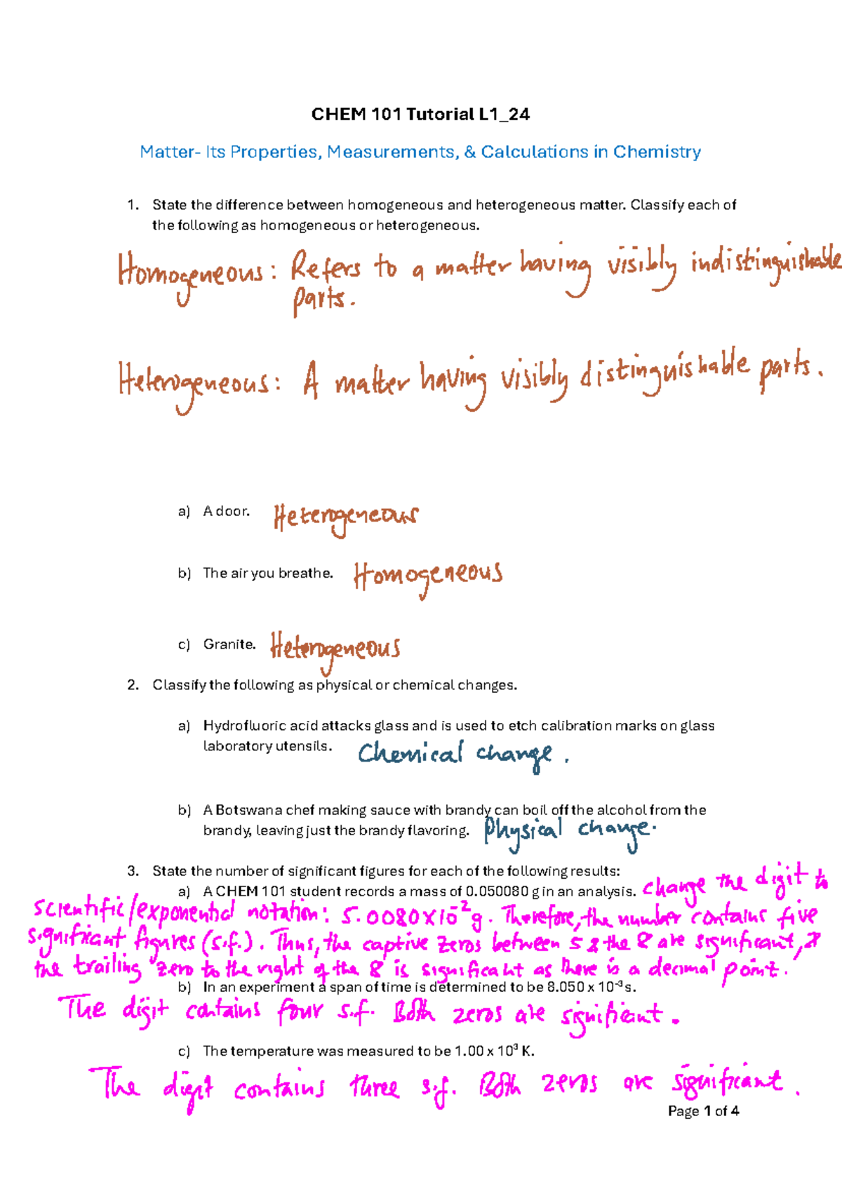 CHEM 101 Tutorial L1 24 Solutions LRB - Page 1 of 4 CHEM 101 Tutorial L1_ Matter- Its Properties ...