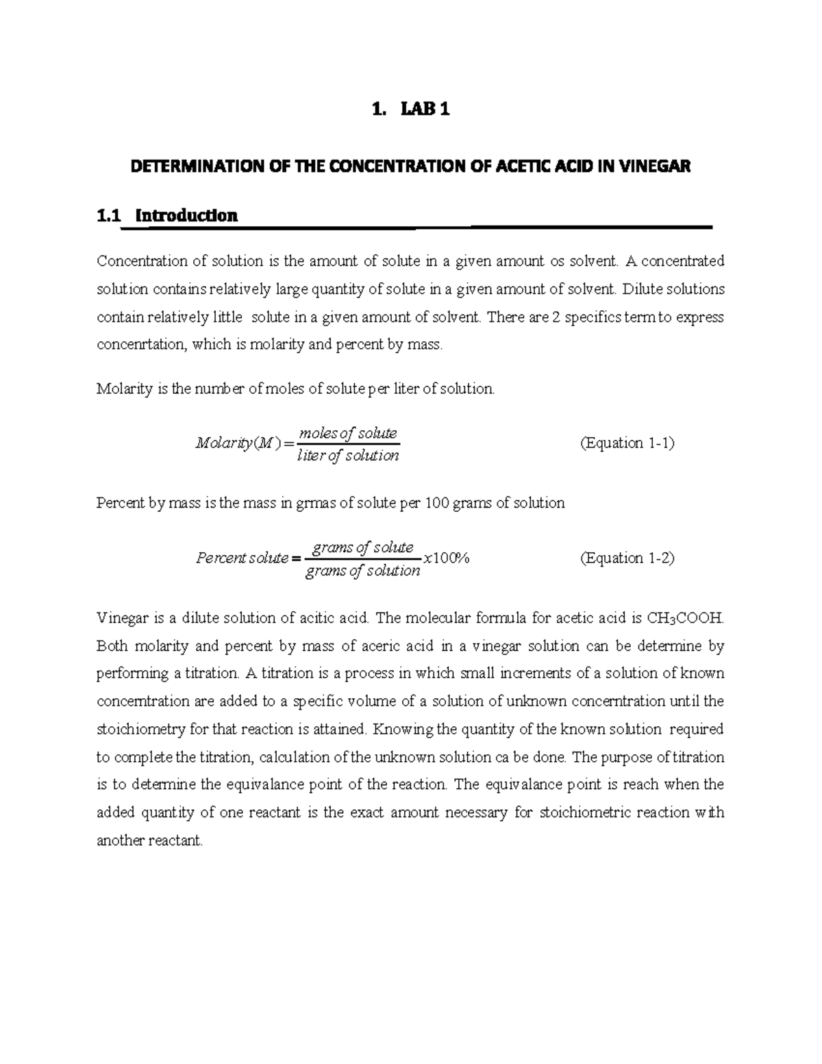 CHE 485 Lab 1 - Chemistry lab - Concentration of solution is the amount ...