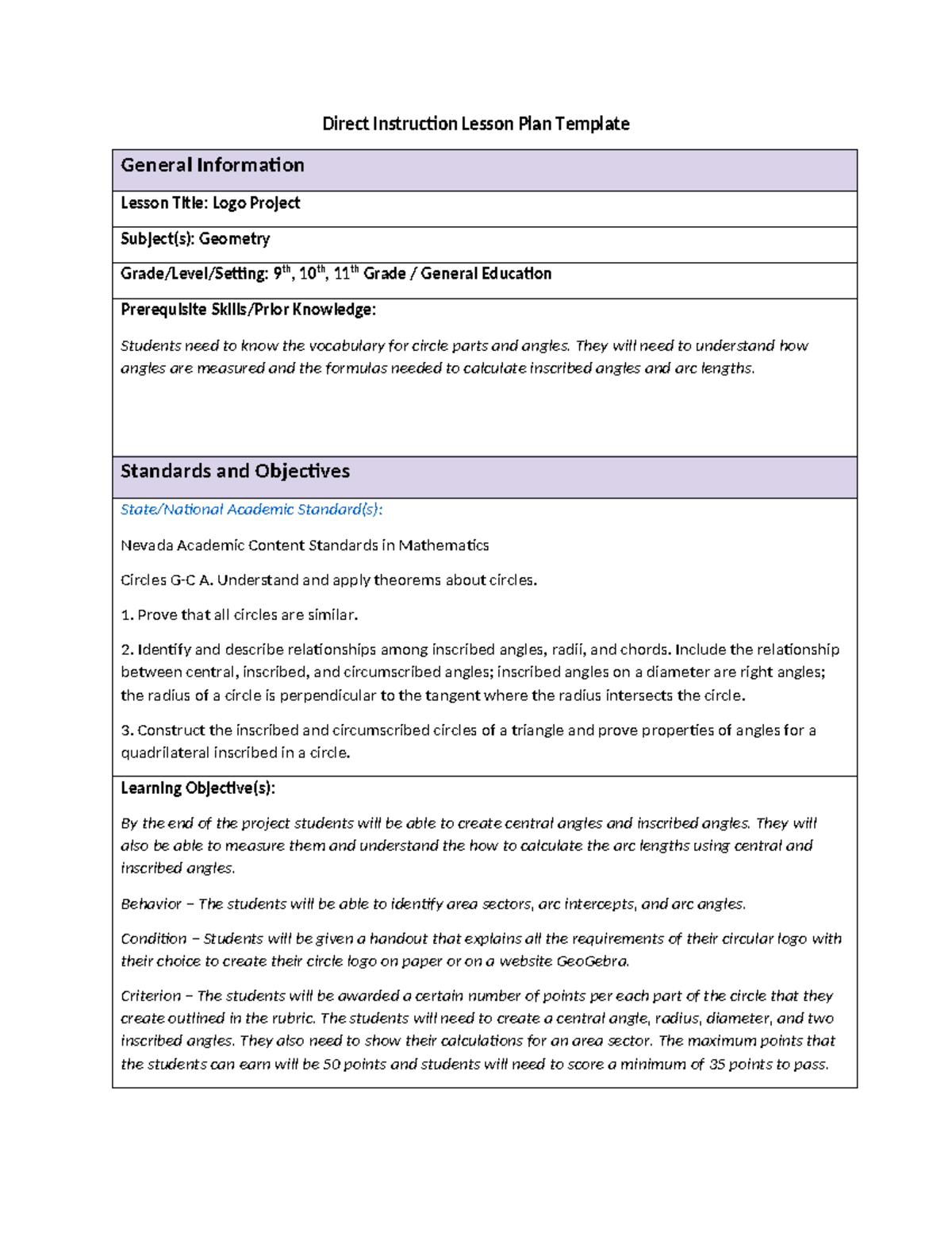 Task 2 - Lesson Plan - Direct Instruction Lesson Plan Template General Information Lesson Title ...