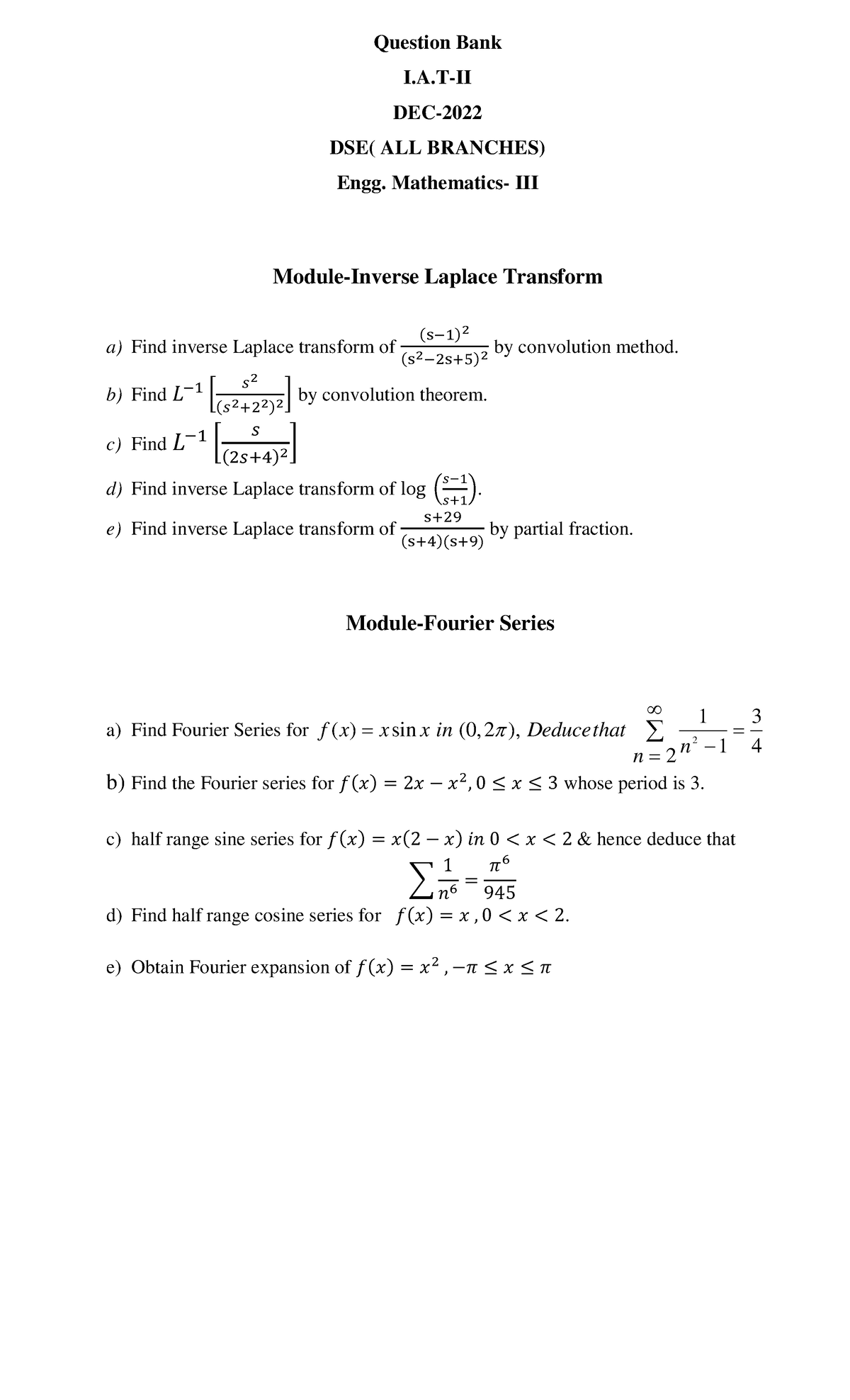 QB DSE EM-III IAT-II - QUESTIONS BANK - Question Bank I.A-II DEC- DSE( ALL BRANCHES) Engg. - Studocu